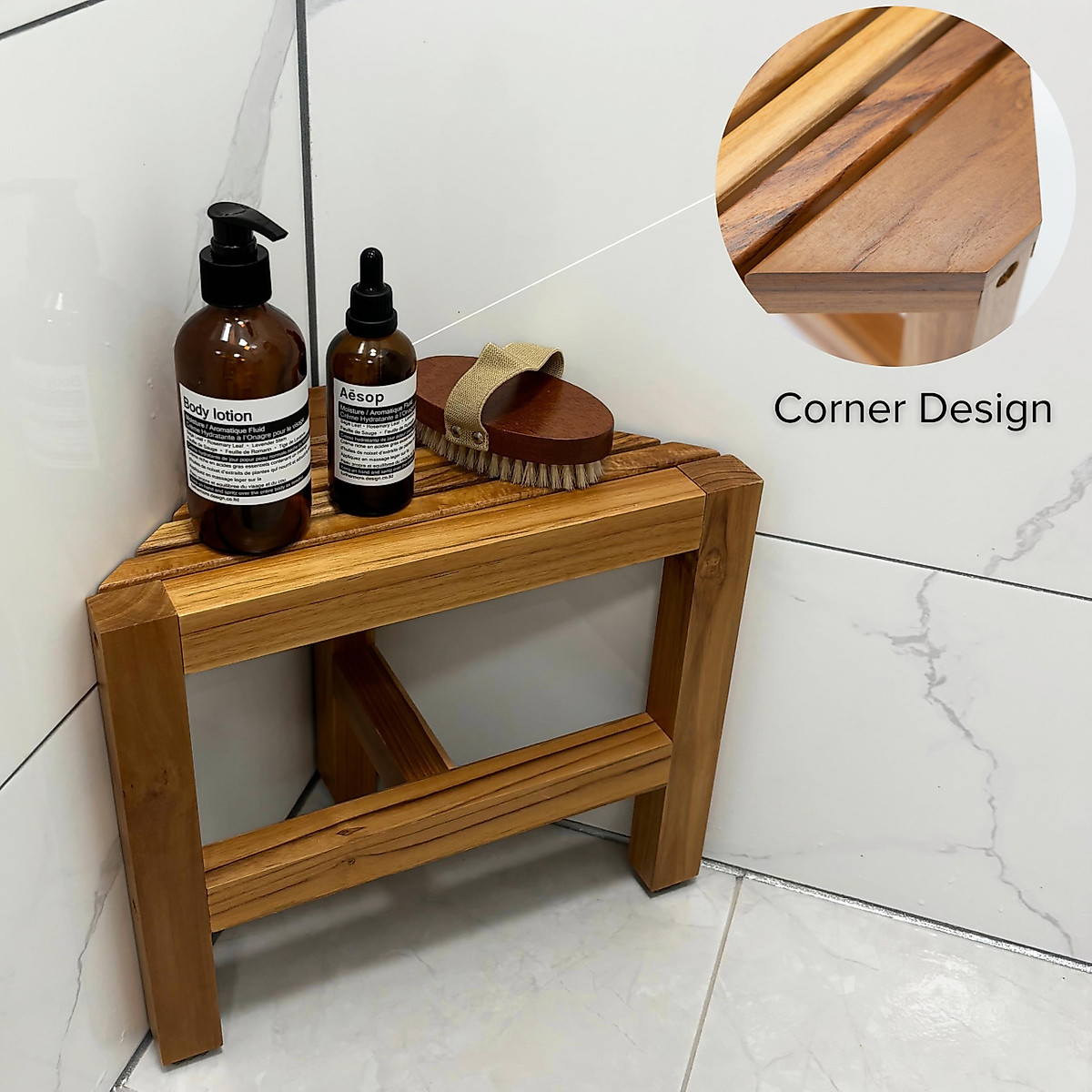 PERFNIQUE Teak Shower Stool, Teak Shower Bench, 12'' Shower Stool for Shaving Legs, Spa Foot Rest for Inside Shower, Organizer Teak Stool, Waterproof Small Corner Bench for Bathroom Livingroom (12'')