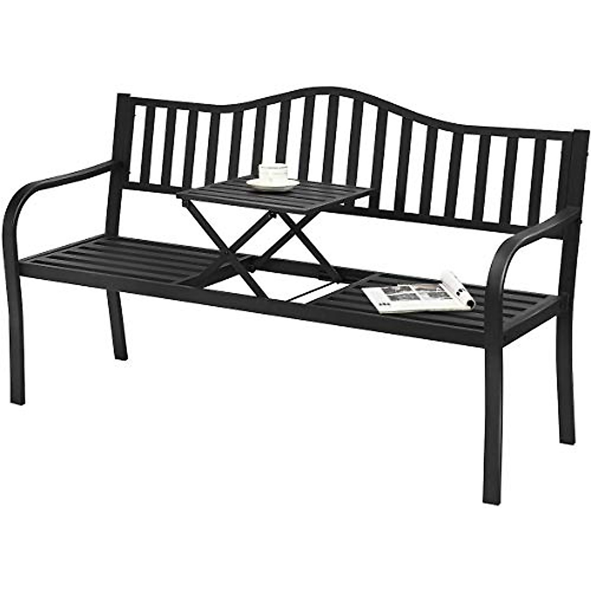 HAPPYGRILL Outdoor Garden Bench Metal Patio Loveseat Benches with Pullout Table for Yard Lawn Porch