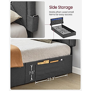 VASAGLE LED Bed Frame Twin Size with Headboard and 4 Drawers, 1 USB Port and 1 Type C Port, Adjustable Upholstered Headboard, No Box Spring Needed, Dark Grey URMB823G71