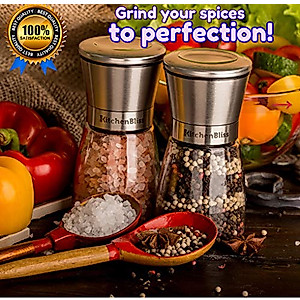 Professional Salt and Pepper Grinder Set – Premium Stainless Steel Salt and Pepper Shakers with Ceramic Spice Grinder Mill for Adjustable Coarseness - Added Bonus a Bamboo spoon and a Cleaning Brush.