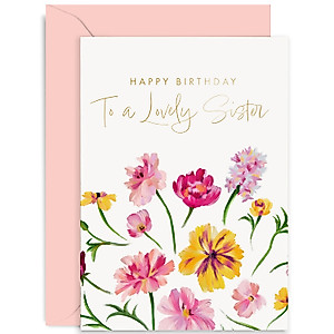 Old English Co. Happy Birthday Card for Sister from Sibling - Cute Flower Design with Gold Foil - Colourful Floral Lovely Sister Birthday Cards | Blank Inside with Envelope