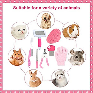VCZONE 8 Pcs Small Animal Pink Grooming Kit, Rabbit Grooming Kit with Pet Nail Clipper and File, Flea Comb, Pet Shampoo Bath Brush , Pet Shedding Slicker Brush, Bath Massage Glove, Cleaning Comb (Pink)