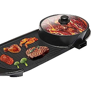 Electric 2 in 1 Grill with Shabu Shabu Hot Pot. Multifunctional Indoor Teppanyaki Korean BBQ Capacity for 2-10 People