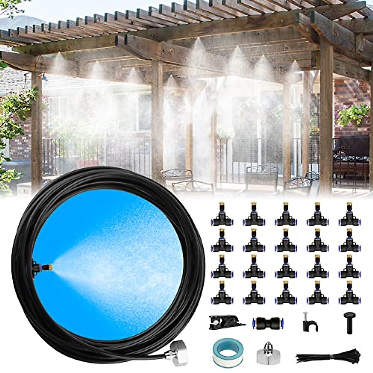BORCARFT Misters for Outside Patio, Misting Cooling System for Patio, 65FT (20M) Misting Line+20 Mist Nozzles+3/4" Brass Adapter, Outdoor Water Mister System for Patio Garden Greenhouse Trampoline