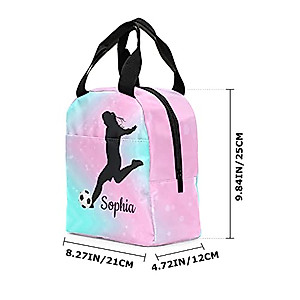 CUXWEOT Personalized Lunch Bags for Boys Girls Lunch Boxes Tote Reusable Meal Container with 2 Pockets for Office Work Picnic Cute Girls Soccer
