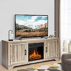Tangkula 58-Inch Fireplace TV Stand, Media Entertainment Center with TVs up to 65 Inches, 750W/1500W 18-Inch Electric Fireplace with 7-Level Flame Brightness, Dual Control, Farmhouse TV Console