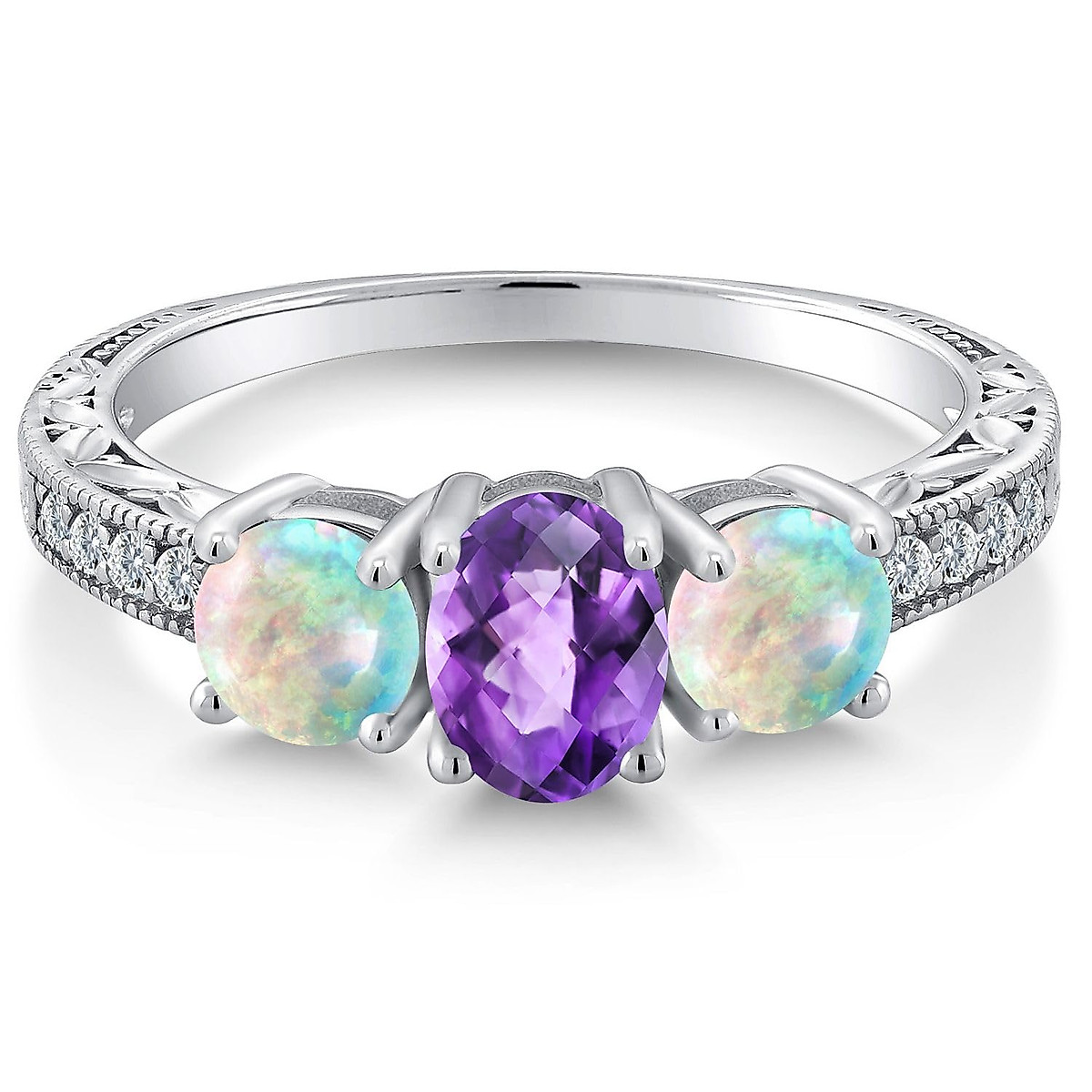 Gem Stone King 925 Sterling Silver Purple Amethyst and White Simulated Opal Engagement Ring For Women (1.87 Cttw, Oval Checkerboard Gemstone Birthstone, Available in size 5, 6, 7, 8, 9)