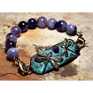 Elaine Coyne Collectible Artwear Patina Brass Dragonflies Interchangeable Rockband Bracelet - Amethyst, Charoite