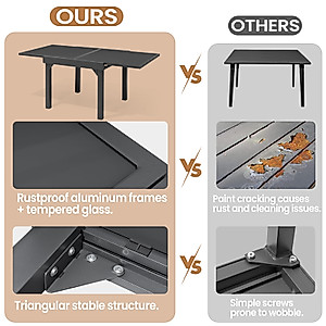 PATIOHIT Modern Aluminum Outdoor Dining Table - Expandable Patio Glass Dining Table for 6-8, Extendable Aluminum Patio Extender Table 35" to 70" for Backyard, Porch, Deck, Garden - Dark Grey