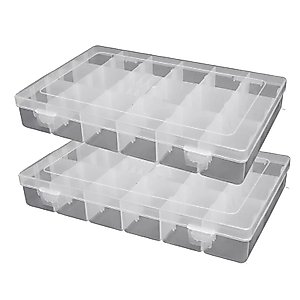 2-Pack Plastic Storage Box Case Container 10.6" x 6.8" x 1.8" Snackle Box with 18 Grid Dividers for Beads, Tackle Box, Fishing Hooks, Bobs, Buttons, Jewelry Party Favors