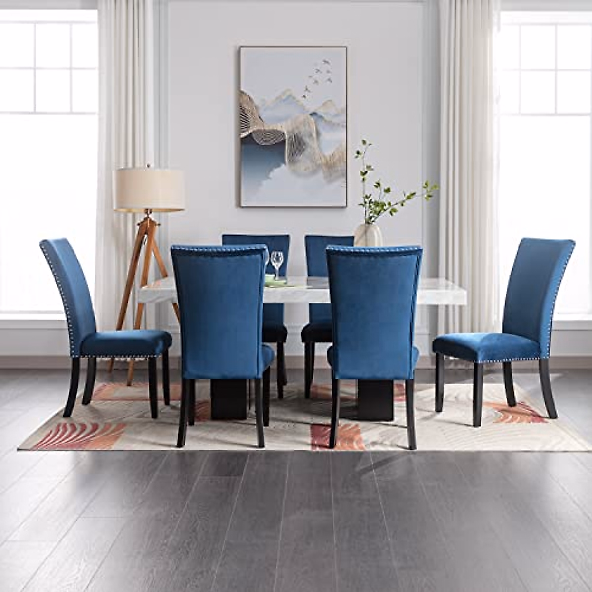 DEINPPA 7 Piece Kitchen Table Set with 1 Faux Marble Rectangular Table and Dining Chairs Set of 6 for Dining Room and Living Room (Blue)