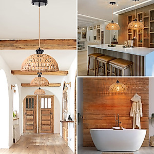 Yolsunes Rattan Pendant Light Fixtures 2 Packs, Boho Woven Basket Pendant Light, Handmade Wicker Hanging Lamp, Rattan Chandelier for Kitchen Island, Dining Room, Living Room, Bedroom, E26 Base