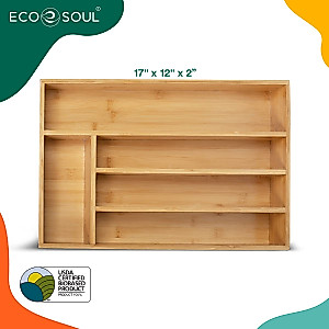 ECO SOUL Organic Bamboo Wooden Kitchen Drawer Organizer | Sturdy, Large 11' x 16' | Organizer Tray for Silverware, Cutlery, Flatware, Utensil Holder | Grooved Drawer Dividers, 6 slots