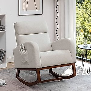Andeworld Rocking Chair Nursery,Living Room Accent Glider Chair,Upholstered High-Back Armchair for Baby Nursery,Faux Suede Comfy Side Chair for Living Room,Bedroom,Beige