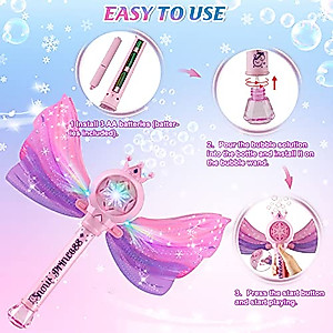 Britik Bubble Wands for Kids Girls - LED Light & Music Bubble Machine: 3 AA Batteries & 2 Bubble Solutions, Outdoor Party Birthday Toys for Toddlers, Gift for 3 4 5 6 7 8 Year Old Girls