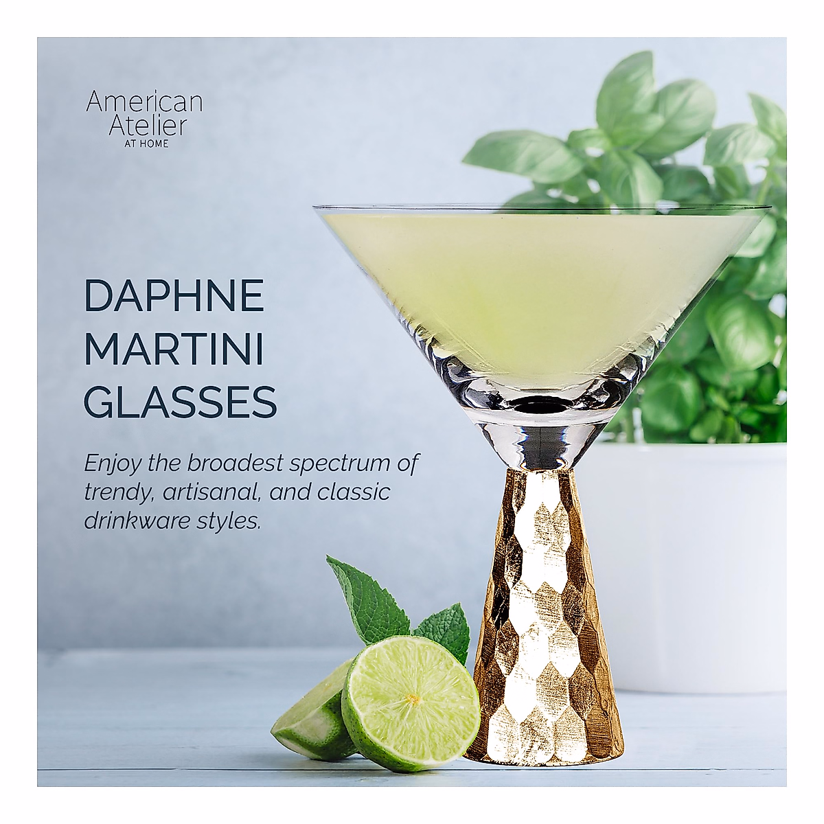 American Atelier Daphne Martini Glasses | Set of 2 | Hammered Metal Design | 9-Ounce Capacity | Elegant Cocktail Barware for Martini or Cosmopolitan (Gold)