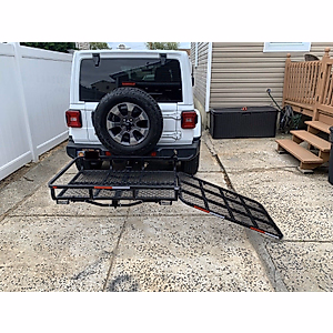 ECOTRIC Hitch Mount Wheelchair Carrier with Mobility Ramp for Wheelchair Scooter Lawn Mower Snow Blower Hauler 500lb Capacity Basket-Style