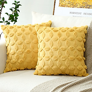 OTOSTAR Set of 2 Soft Plush Short Wool Velvet Decorative Throw Pillow Covers with 3D Flower Pattern Cushion Covers - Couch Sofa Pillow Covers for Living Room - Yellow 18x18 Inch