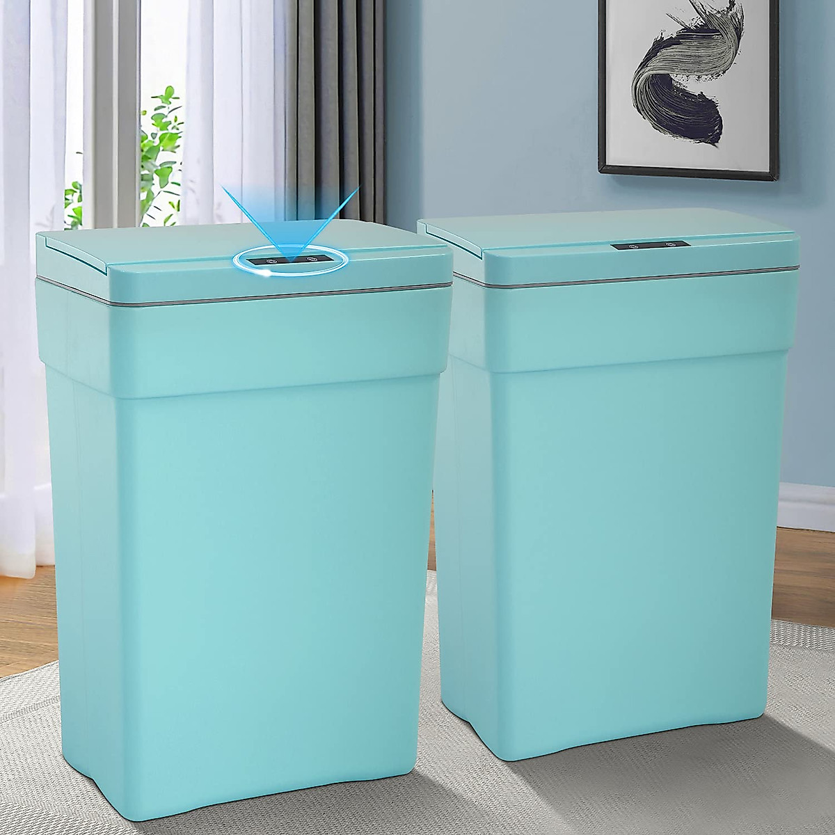 13 Gallon Touch Free Automatic Trash Can, 50L High-Capacity Electronic Motion Sensor Kitchen Garbage Can, Plastic Trash Bin Waste Bin with Lid for Kitchen Living Room Office, Blue - Set of 2