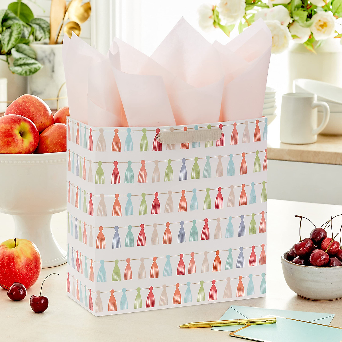 Hallmark Signature Studio 10" Large Gift Bag with Tissue Paper (Rainbow Tassels) for Birthdays, Promotions, Graduations, Bridal Showers