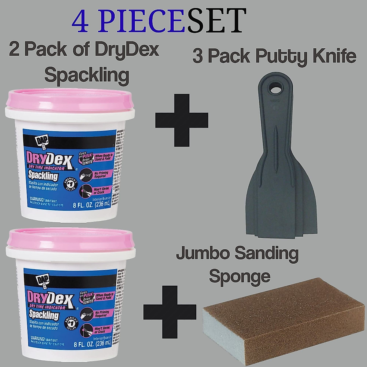 Do it Best Drywall Repair Kit- DAP Drydex (2Pack)- Joint Compound Spackle Patch- Nail Hole Filler- Wall Putty- Plaster Repair- Bundled w/Sanding Block & 3 Pack Putty Knife Set