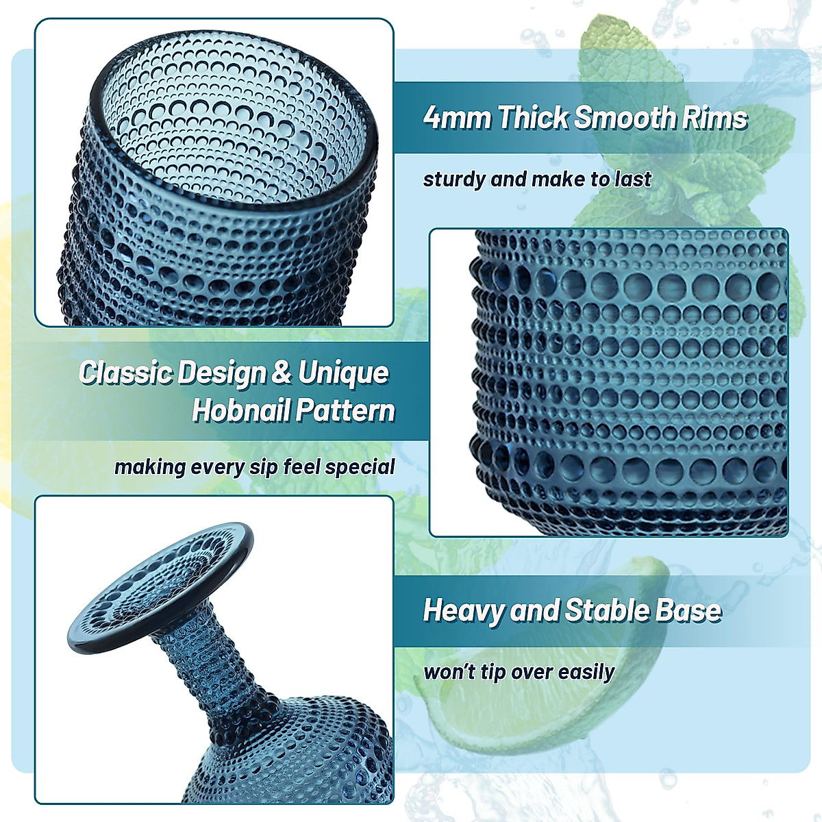 Wongblee Vintage Stemmed Wine Glasses 10 OZ, Hobnail Glass Goblets, Colored Drinking Glasses for Dining Table, Party, Bar