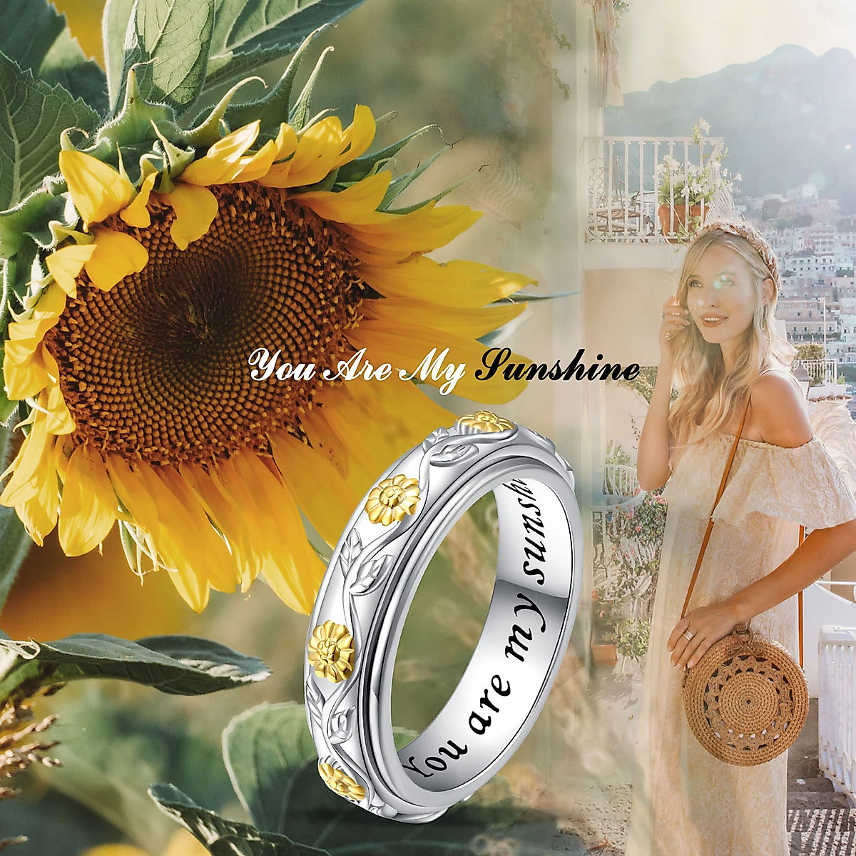 Ladytree Anxiety Spinner Rings Sunflower You Are My Sunshine Fidget Ring Sterling Silver ADHD Stress Relieving Engagement Wedding Promise Band Mothers Day for Mom Daughter Size 7