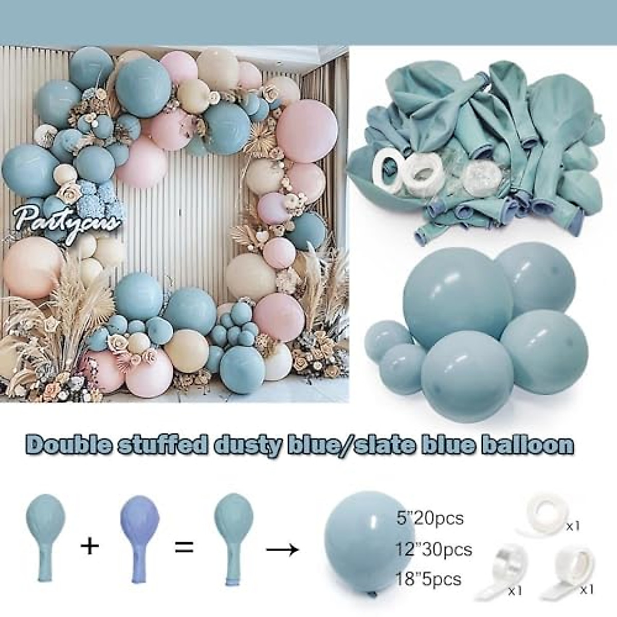 Dusty Blue Balloon Garland Arch Kit - Double Stuffed Slate Blue Balloons Different Sizes for Baby Shower Gender Reveal Wedding Birthday Party Decoration