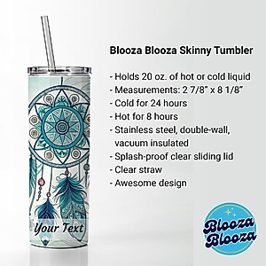 Personalized Custom Name Text Abstract Teal Blue Dream Catcher Southwestern Design Skinny Tumbler 20oz with Straw Insulated Water Bottle Gift - 1 Line Horizontal