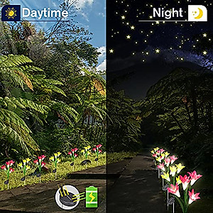 BASIWEI Outdoor Solar Garden Stake Lights, 2 Pack Solar Garden Lights with 8 Lily Flower, Waterproof Solar Powered Fairy Lights for Outdoor, Garden, Patio, Backyard(Yellow and Red)