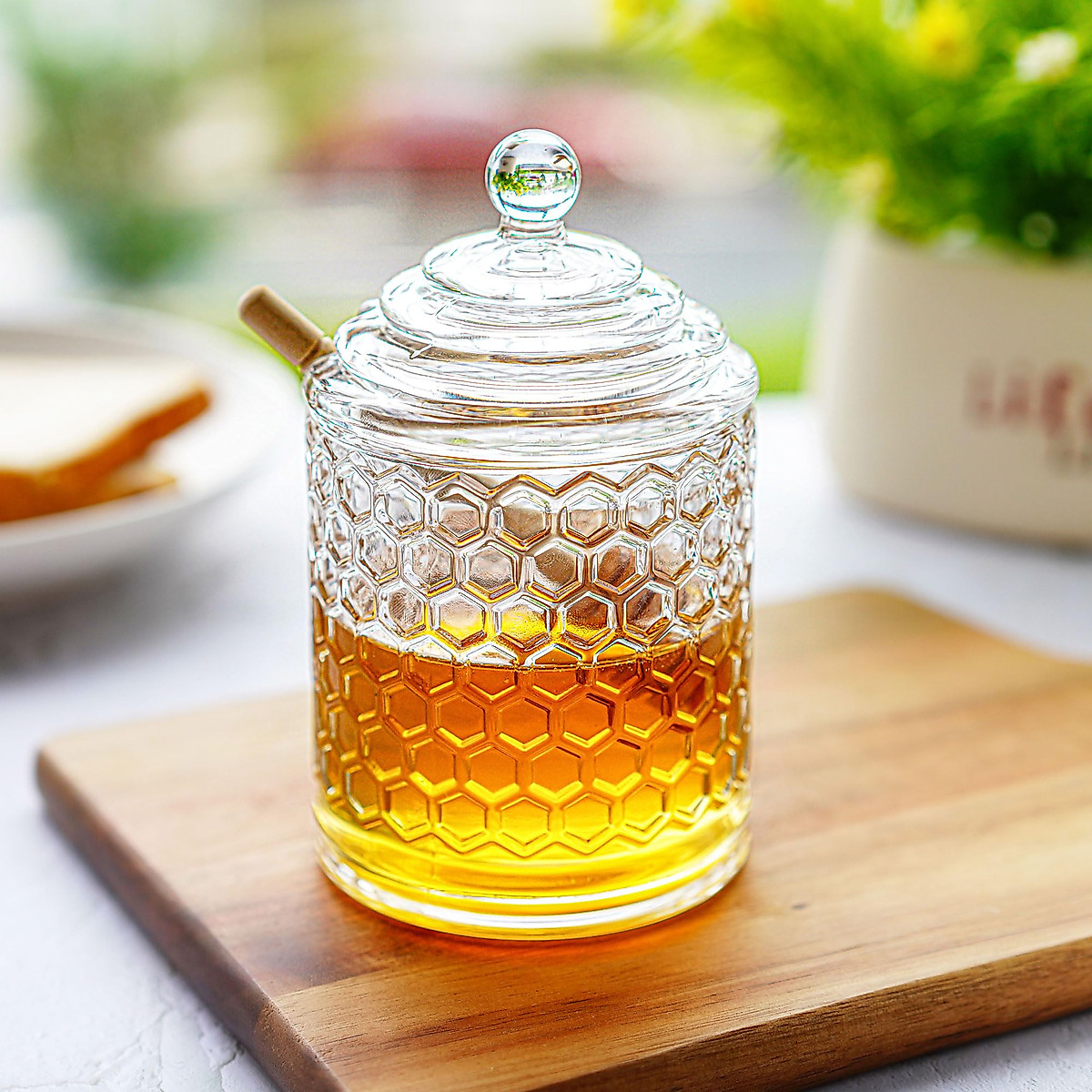 kanpura Clear Crystal Honey Pot with Dipper and Lid,Glass Honey Jar with Dispenser, Glass Honey and Syrup Container for Home Kitchen
