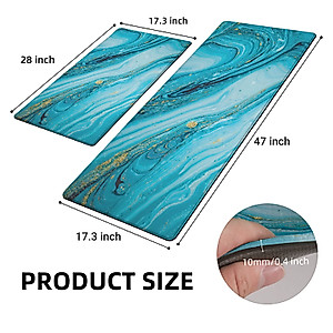 Turquoise Kitchen Rugs Mats Cushioned Anti Fatigue Mats for Kitchen Floor Teal Marble Kitchen Decor and Accessories Non Skid Waterproof Comfort Standing Rug 0.4 Inch for Kitchen 2 PCS 17"x28"+17"x47"