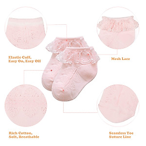 Durio Baby Ruffle Socks Baby Girl Socks Super Soft Lace Socks for Baby Girls Cute Baby Girl Ruffle Socks AA White & Ivory & Pink 3-12 Months
