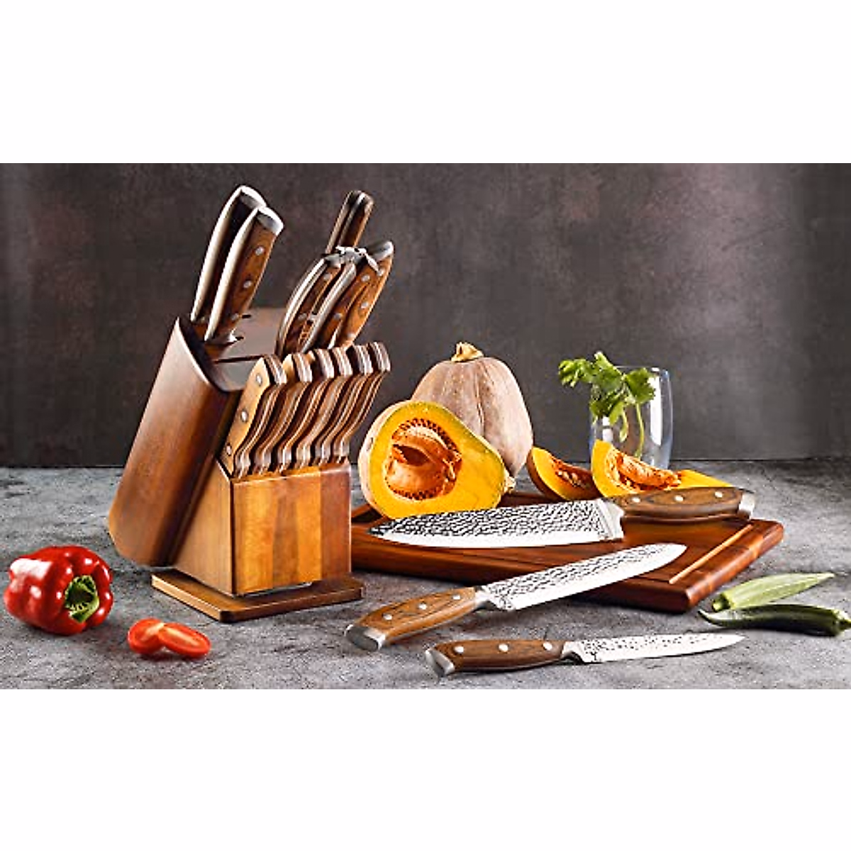 Knife Set, Karcu 15-Piece Hammer Kitchen Knife Block Sets with Sharpener German Steel, Rotating Acacia Block