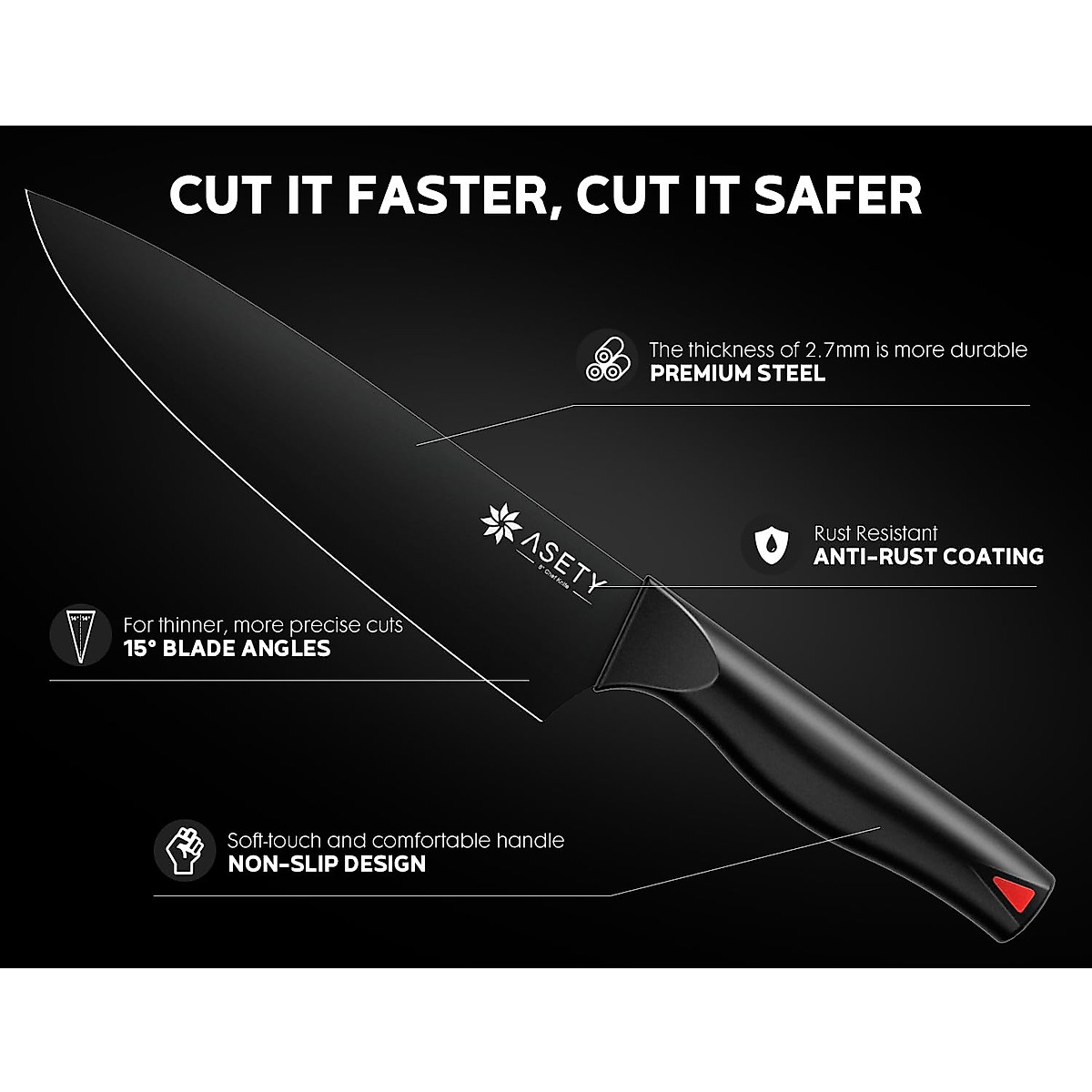 ASETY Knife Set, 15 PCS Kitchen knife Set with Bulti-in Sharpener Block, Stainless Steel Knife Block Set, Dishwasher Safe Knives Sets for Kitchen, Black, Elegant Box