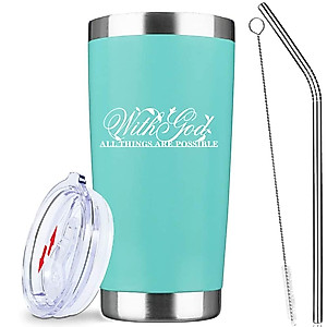 Mothers Day Gifts , With God All Things Are Possible Inspirational Tumblers with Lid & Straw 20 Oz | Insulated Stainless Steel Tumbler Coffee Mug | Best Christian Religious Gifts For Women (Mint)