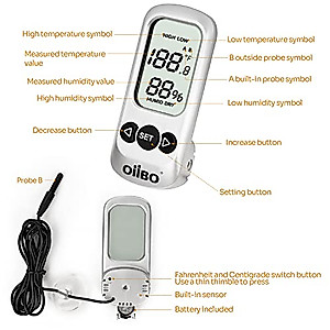 OIIBO Reptile Digital Thermometer Hygrometer with Alarm, 2-Channel Temperature and Humidity Meter Gauge with Probe for Pet Rearing Box Reptile Terrarium Temperature and Hygrometer