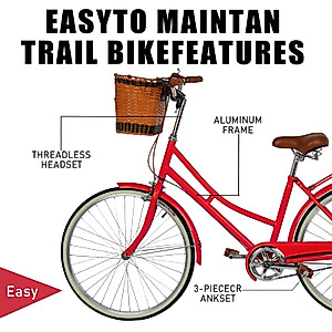 26-inch Single Speed Classic Bicycle Ladies' Retro Beach Cruiser Bicycle with Knitted Basket & Foam Rear Seat Dual Springs High Carbon Steel Shock-Absorbing Frame Adult Bicycle