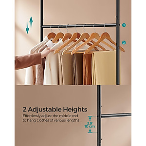 SONGMICS Clothes Rack with Wheels, Middle Rod Clothing Rack for Hanging Clothes, 38.8 Inches Garment Rack with Shelf, Height Adjustable, Loads up to 121 lb, Rustic Brown and Ink Black UHSR153B01