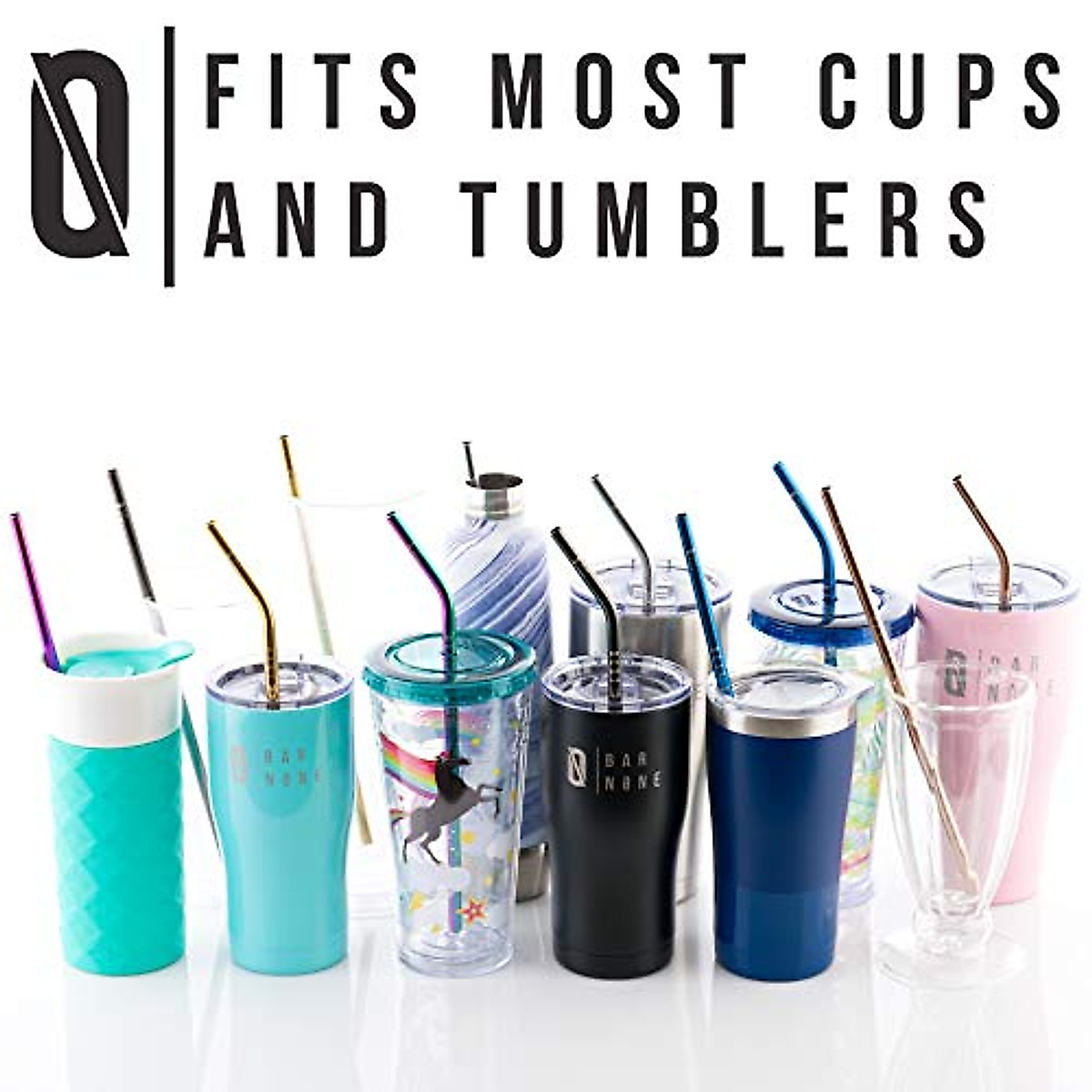 BAR NONE Best Straws Set of 12 | 10.5" Long Wide Rainbow Multi Colored Stainless Steel Metal Drinking Straws Reusable Straight & Curved Cleaning Brushes & Silicone Tips Straw Brush Cup Drinks