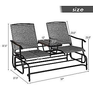 ReunionG 2-Person Outdoor Glider Chair, Patio Bench Loveseat w/Tempered Glass Center Table & Sturdy Metal Frame, Porch Swing Rocking Chair for Outside, Balcony, Garden, Grey