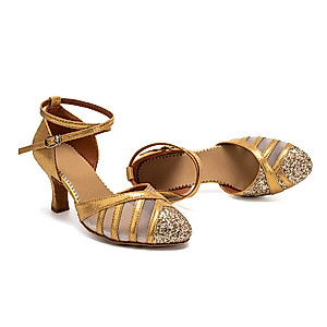 HIPPOSEUS Women's Closed Toe Latin Ballroom Dance Shoes Gold Sequin Salsa Tango Scocial Practice Dancer Shoes 3 inch heel,Model 105,8.5 B(M) US