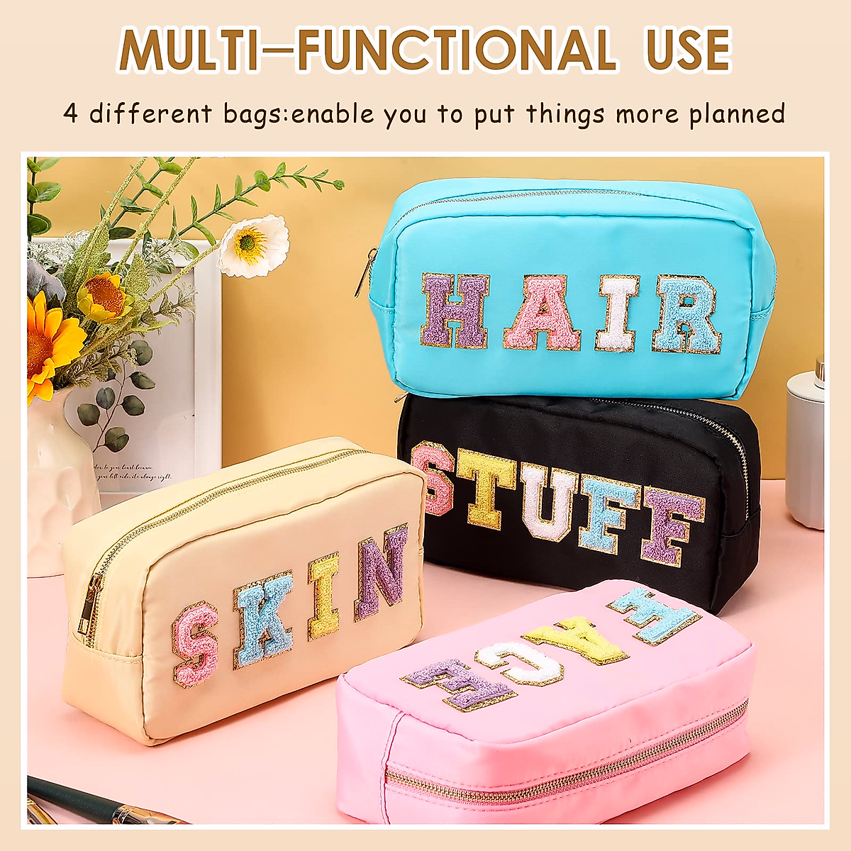 Remerry 4 Pcs Makeup Bag Travel Cosmetic Bag Organization Chenille Letter Toiletries Stuff Pouch Preppy Waterproof Bag Gift for Women Girl Teen(Classic, Nylon)