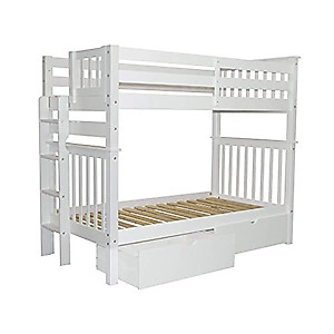 Bedz King Tall Bunk Beds Twin over Twin Mission Style with End Ladder and 2 Under Bed Drawers, White