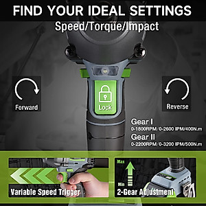 WORKPRO Cordless Impact Wrench 1/2 inch, 20V Brushless Impact Gun, High Torque 370 Ft-Lbs (500N.M), Variable Speeds, with 4.0 Ah Battery, Fast Charger, 4 Impact Sockets and Storage Case