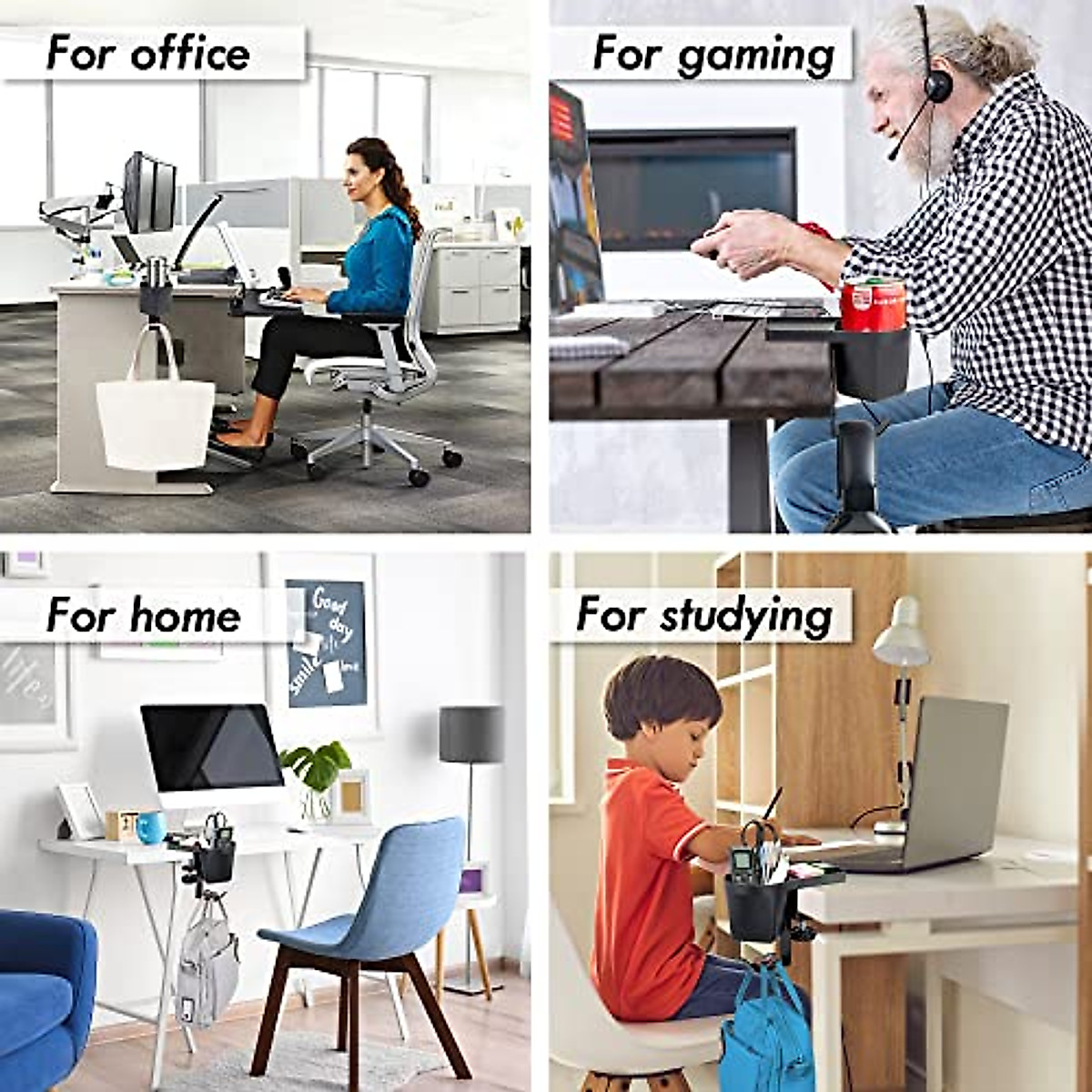 MAX SMART Clamp on Pen Cup Holder for Desk w Backpack Headphone Metal Hook, Desk Organizer Caddy Organize Pencils, Markers, Paper Clips for Drawing Table, Gaming Desk, Drafting Desk and Standing Desk