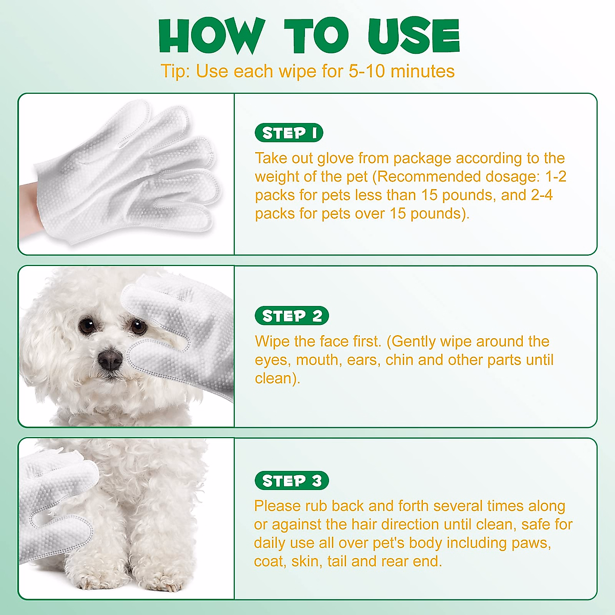 AIOBEECY Cleaning Pet Gloves Wipes for Dogs and Cats, Coconut Oil Cleaning Pet Gloves Can Nourish Fur for Puppies/Cats, Cleaning & Deodorizing Pet Gloves Wipes, Degradable Pet Wipes(Glove, 6Pcs)