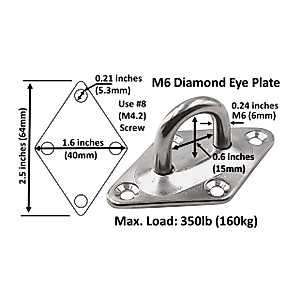 Branded Boards Heavy Duty M6 Ceiling Hook Diamond Pad Eye Plate, 304 Stainless Steel and Black Zinc Galvanized Steel Corrosion Resistant, 2, 4 & 8 Packs (2-Pack-Zinc-M6)