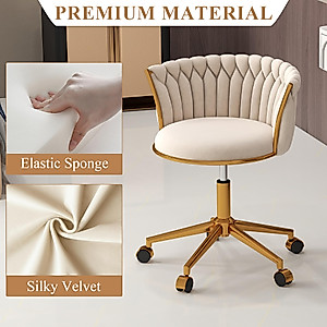 ABET Desk Chair with Wheels, Modern Velvet Office Chair for Desk, Hand Woven Vanity Makeup Chair for Girls Women Bedroom, 360° Swivel & Height Adjustable Gold Base Task Armchair, Beige