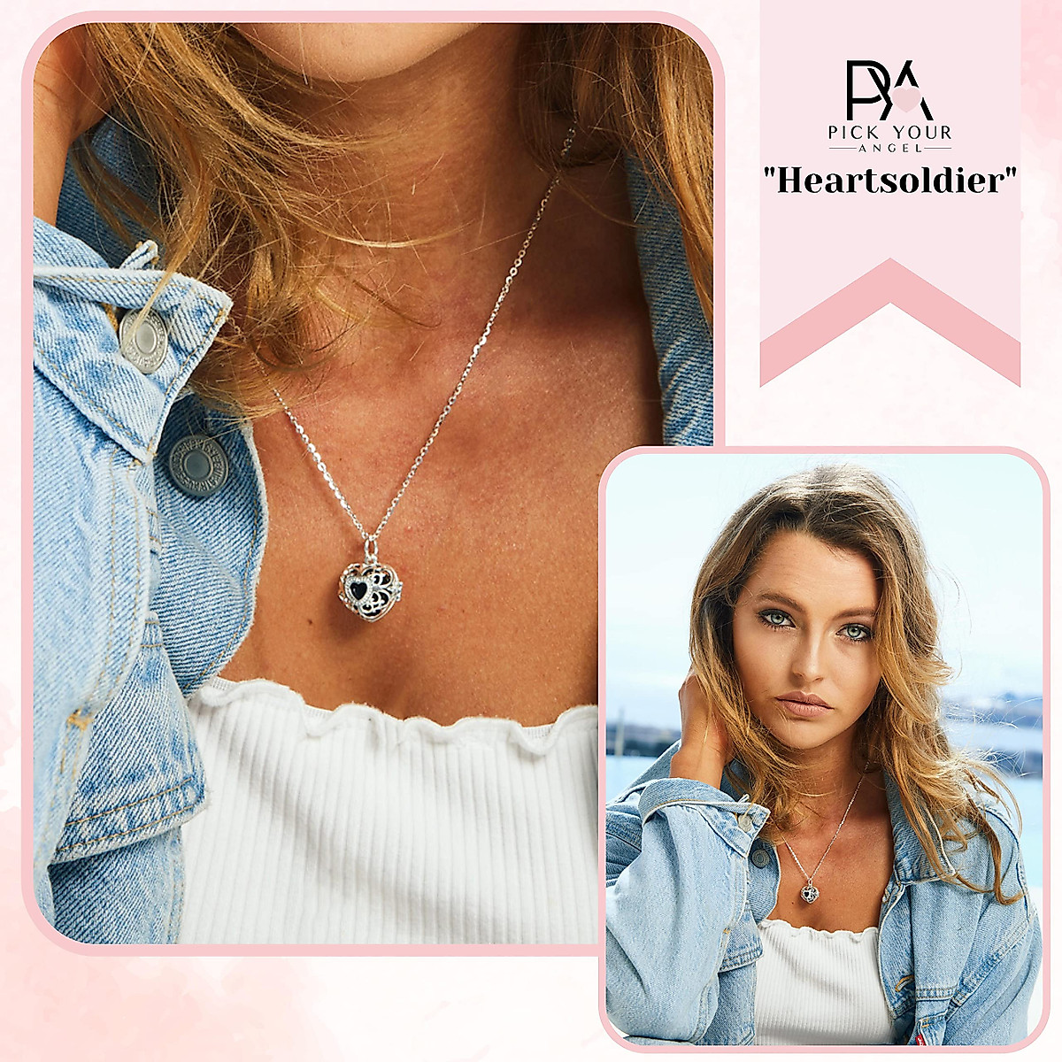 PYA “Heartsoldier” angel caller necklace 925 sterling silver 18 inch with pendant and sound ball | Individual women's jewellery made of heart pendant, guardian angel necklace and chime ball. (Rosé)